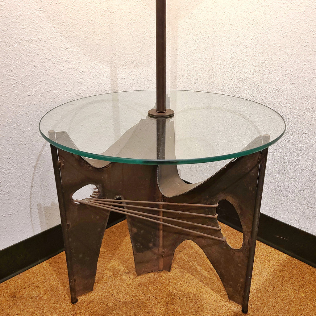 TORCH CUT IRON FLOOR LAMP WITH GLASS TABLE BY RICHARD BARR FOR LAUREL ...